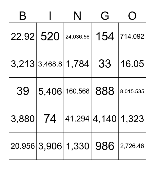 Math Bingo Card