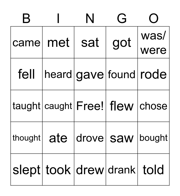 Past Tense of Irregular Verbs Bingo Card