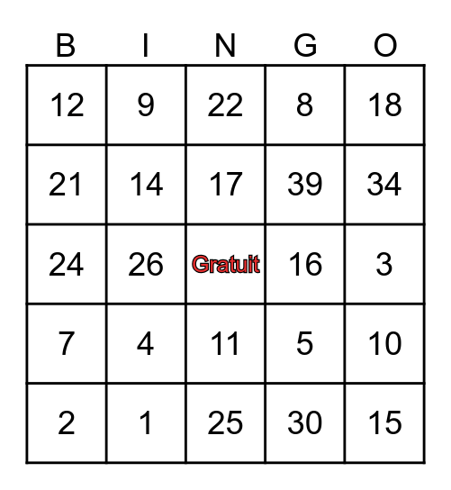 BH Bingo - Les numéros 1 à 39 Bingo Card