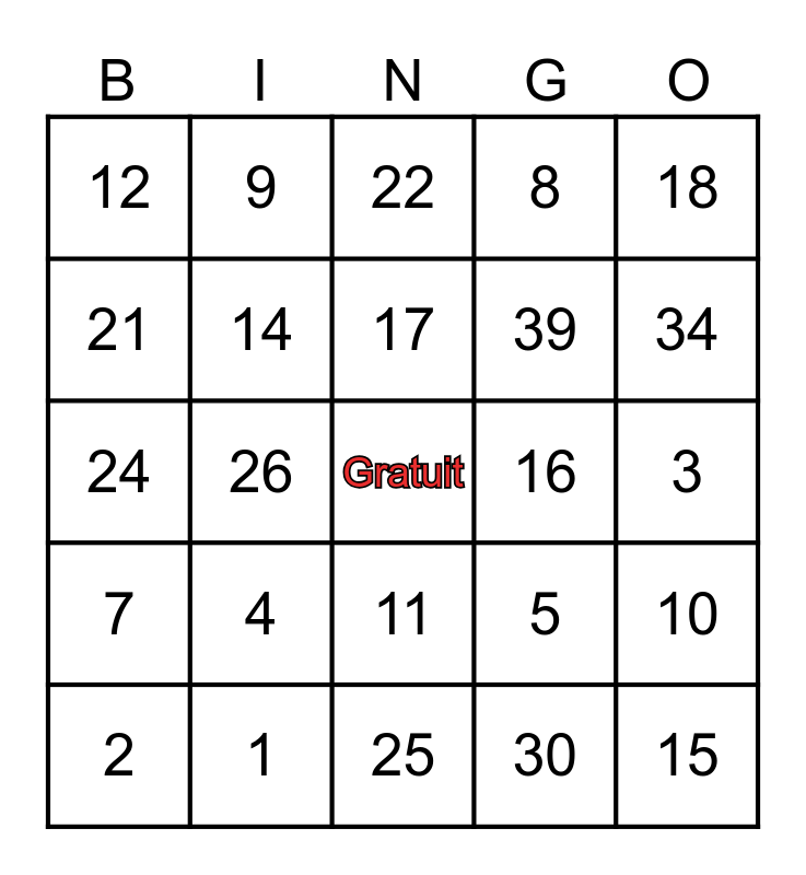 BH Bingo - Les numéros 1 à 39 Bingo Card