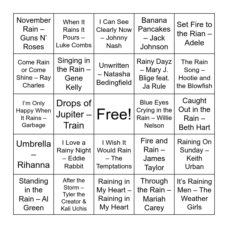 Rainy Day Music Bingo Card