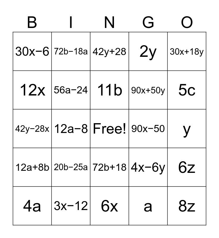 Simplifying Expressions BINGO Card