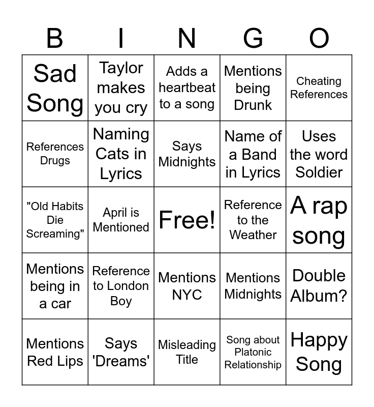 TTPD Bingo Card