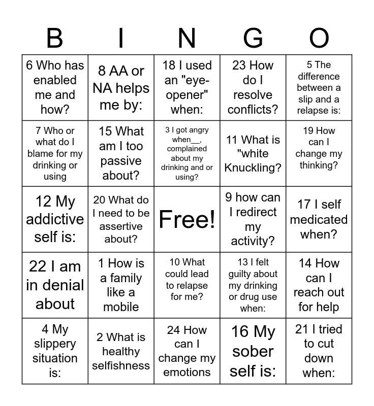 Substance abuse recovery 1 Bingo Card