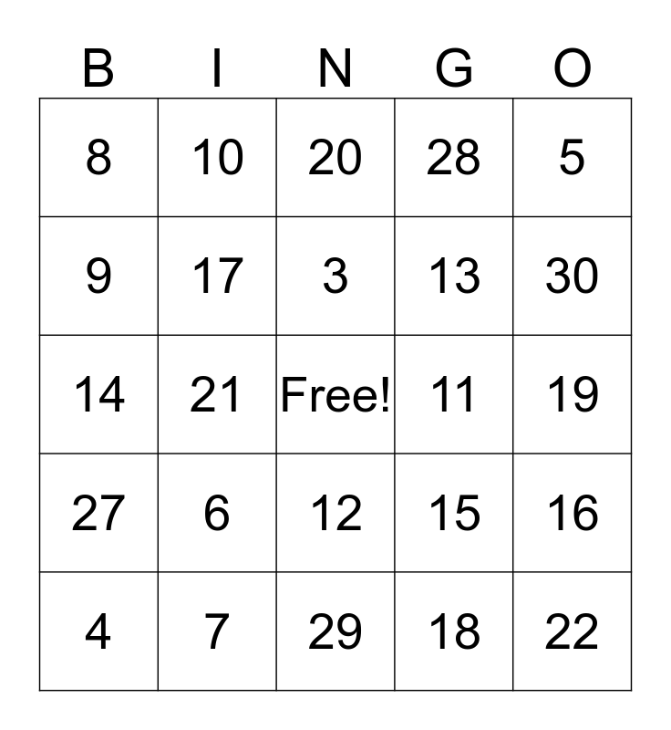 Spanish Bingo Numeros 1 al 30 Bingo Card