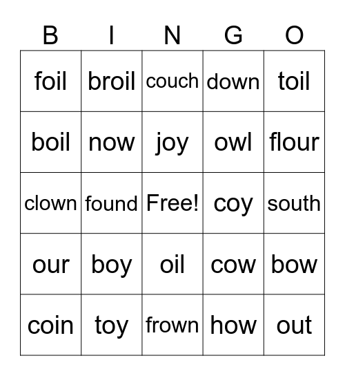 Dipthongs: oi, oy Bingo Card