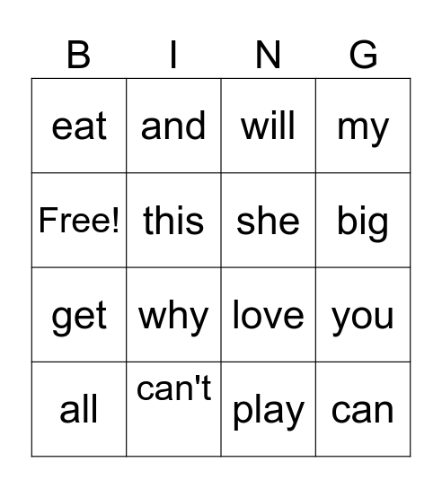 power words Bingo Card