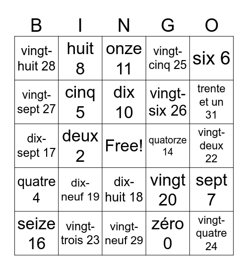 Nombres 0-31 Bingo Card