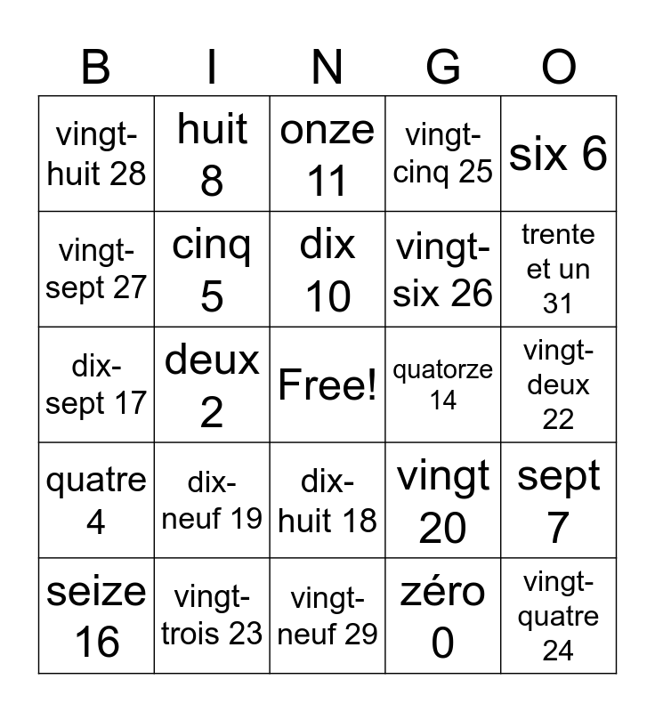 Nombres 0-31 Bingo Card