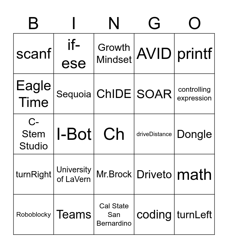Integrated Coding and Computing Bingo Card