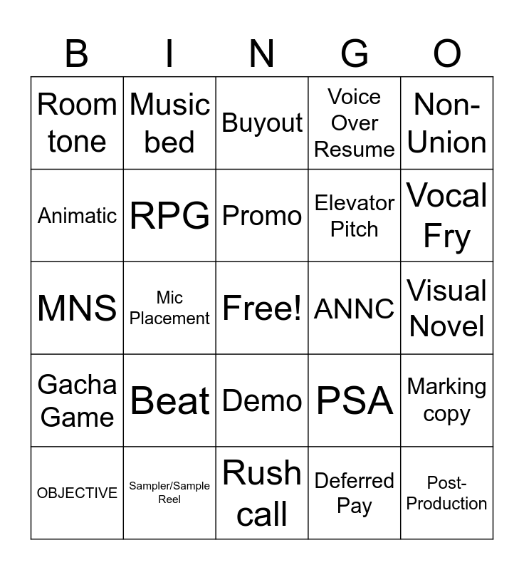 Voice Acting Bingo #2 Bingo Card
