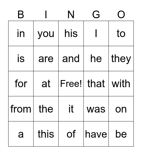 Snap Word Bingo (Set #1) Bingo Card