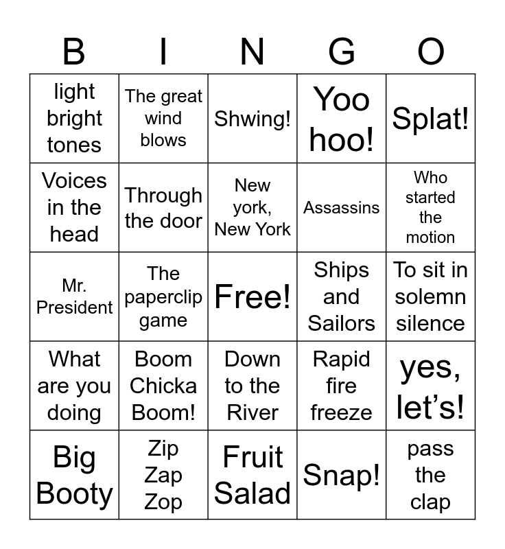 Theatre Games Bingo Card