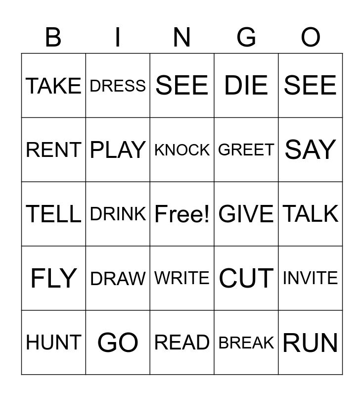 Simple present Tense Bingo Card