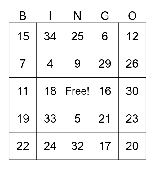 Variation 1 Bingo Card