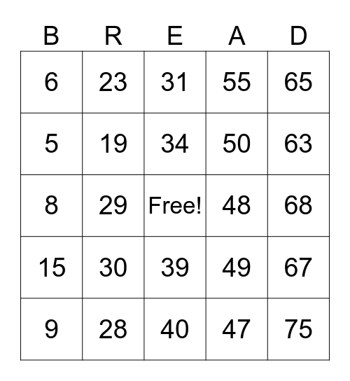 Bread Club Bingo Card