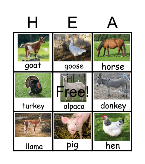 Farm Animal Sounds Bingo Card