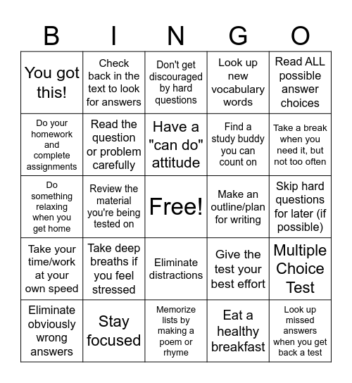 Test Taking Strategies Bingo Card