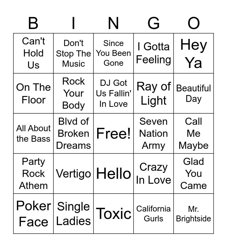 2000's Hit Bingo Card