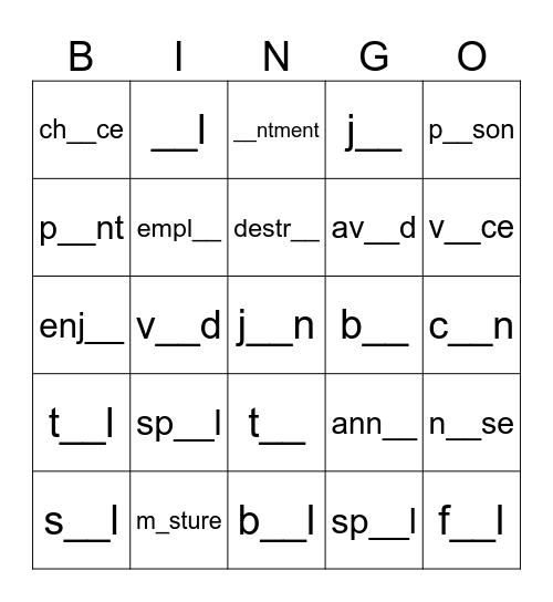 oy / oi words Bingo Card