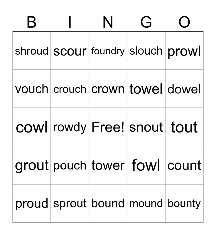 ou and ow vowel team Bingo Card
