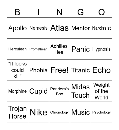 Greek Mythology Allusions Bingo Card