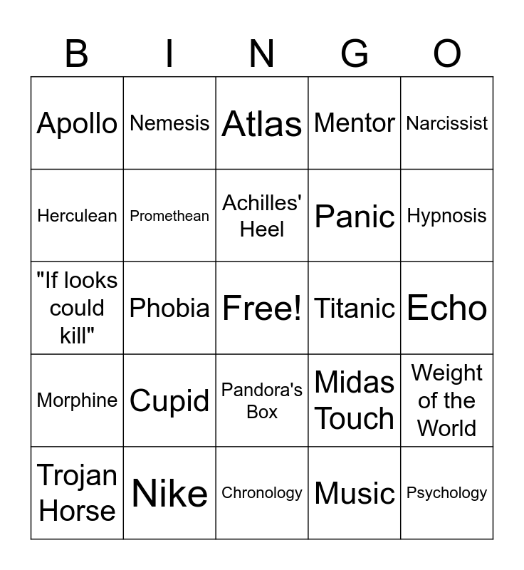 Greek Mythology Allusions Bingo Card