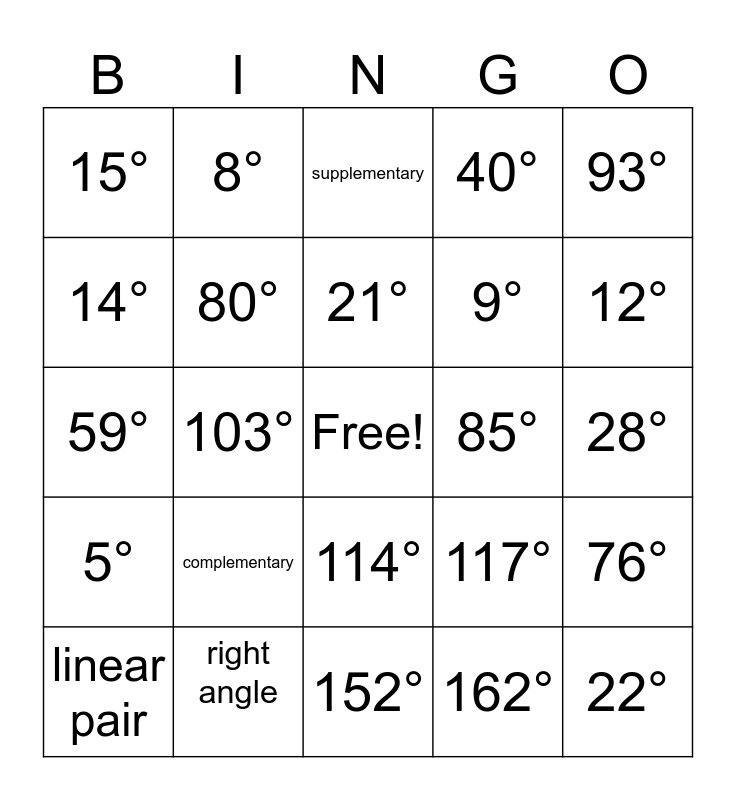 Angle Relationships Bingo Card