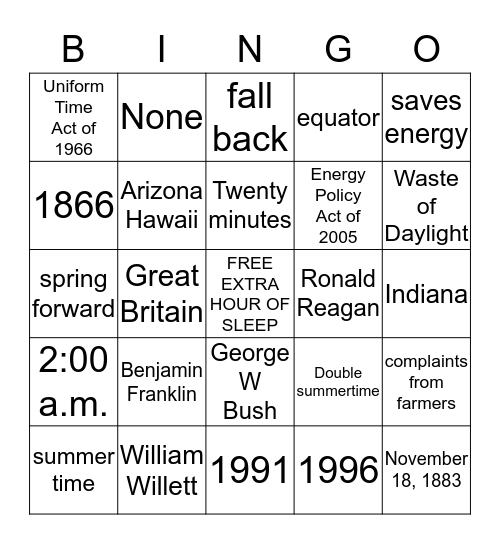 DAYLIGHT SAVING TIME BINGO Card