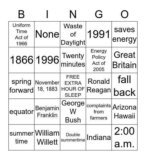 DAYLIGHT SAVING TIME BINGO Card