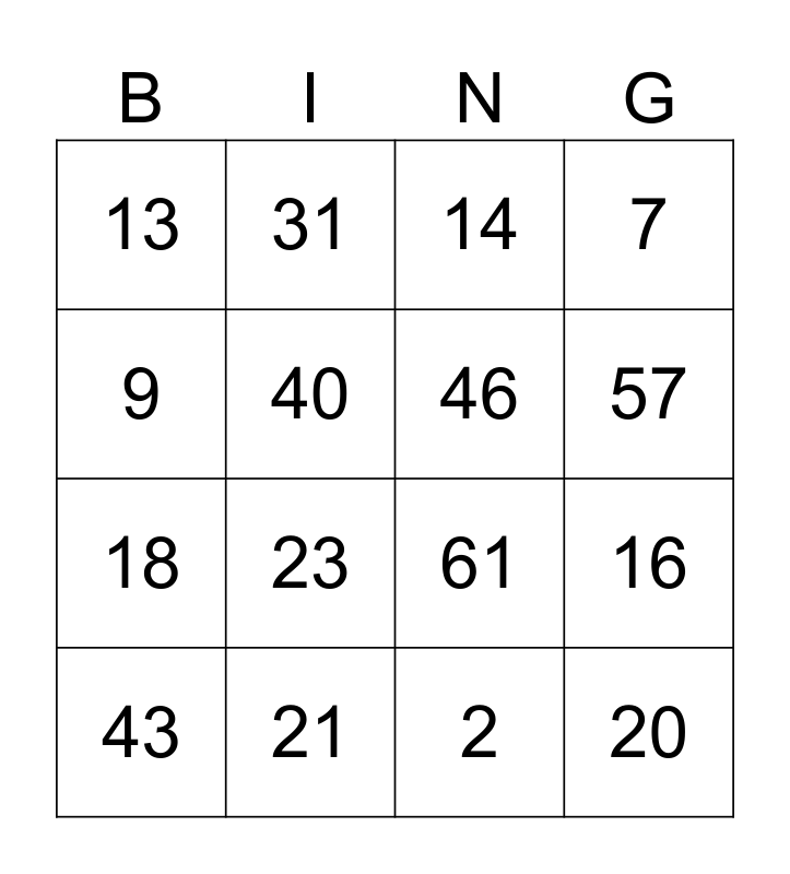Les nombres 1 - 70 Bingo Card