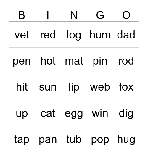 William's CVC Words Bingo Card
