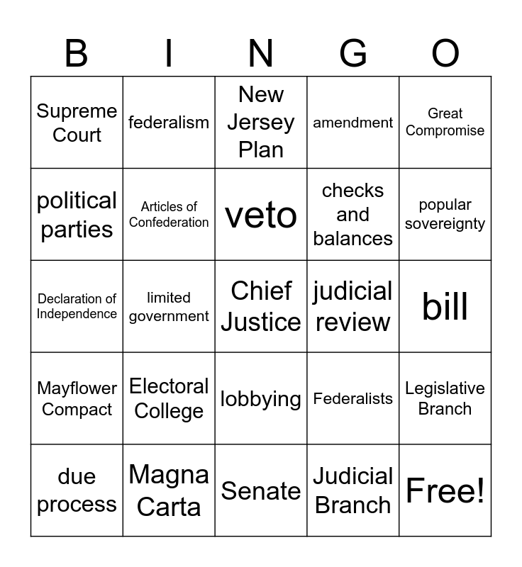 Government Vocabulary BINGO Card