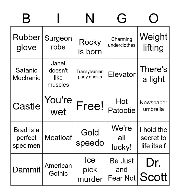 Rocky Horror Picture Show Act 1 Bingo Card