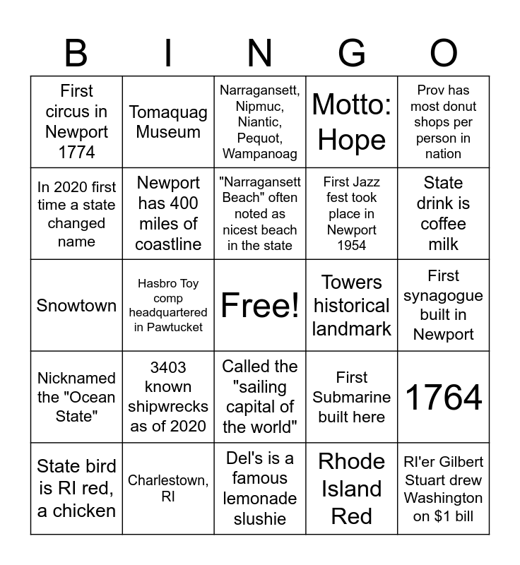 RHODE ISLAND BINGO Card
