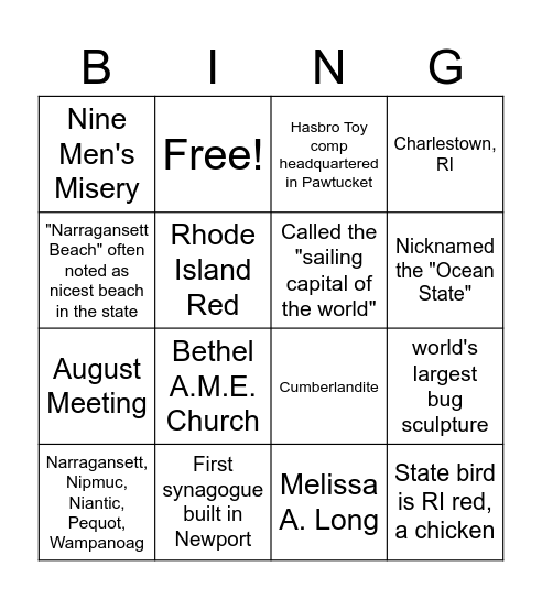 RHODE ISLAND BINGO Card