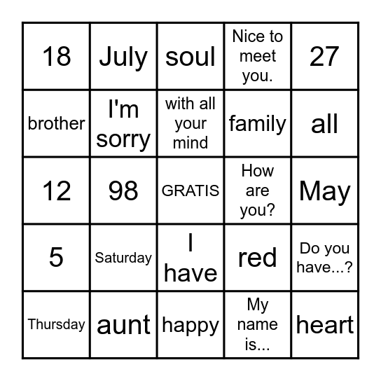 FINAL SPANISH BINGO Card