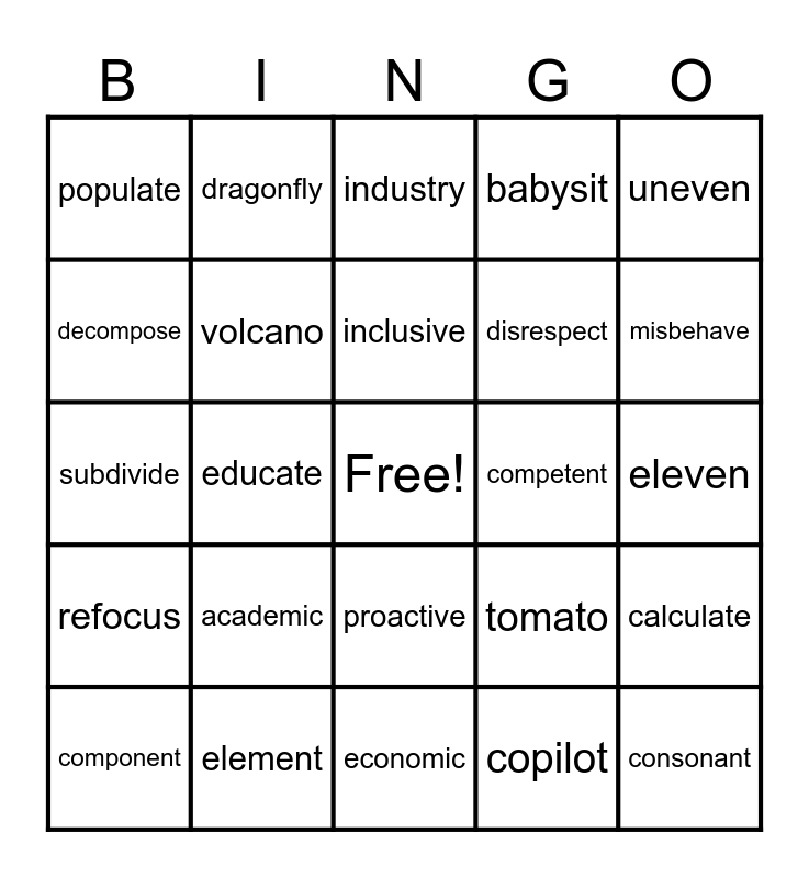 Wilson 5.4 Real Words Bingo Card