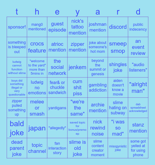 the yard podcast bingo card Bingo Card