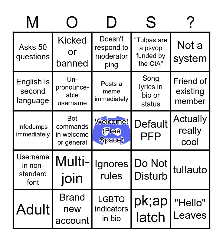 Plural Discord Server New Member Bingo Card