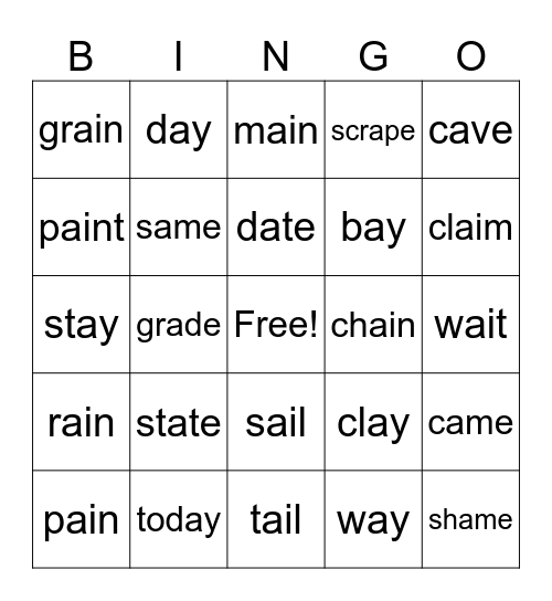Long A Spellings Bingo Card