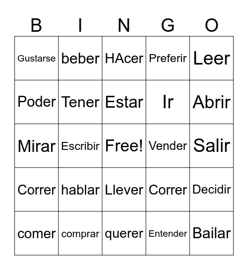 Verbos Bingo Card
