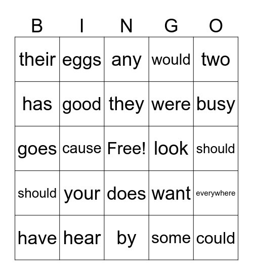 Third 20 Red Words Bingo Card