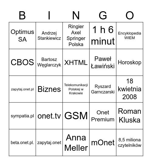 Onet.pl Bingo Card