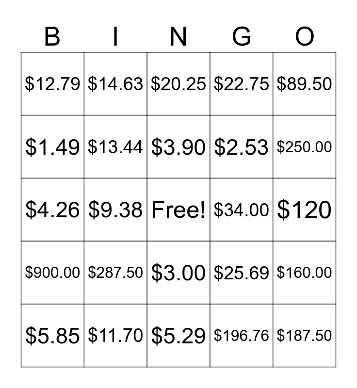 Sales Tax, Discount, & Tip BINGO Card