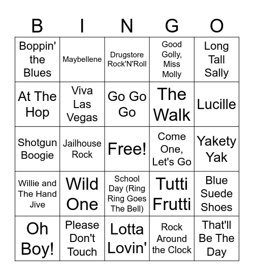 50s Rock & Roll Bingo Card