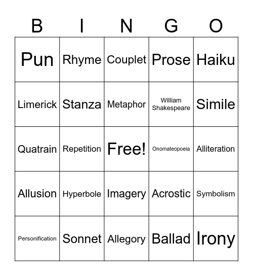 Poetry Bingo Card
