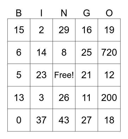 Math Activity Bingo Card