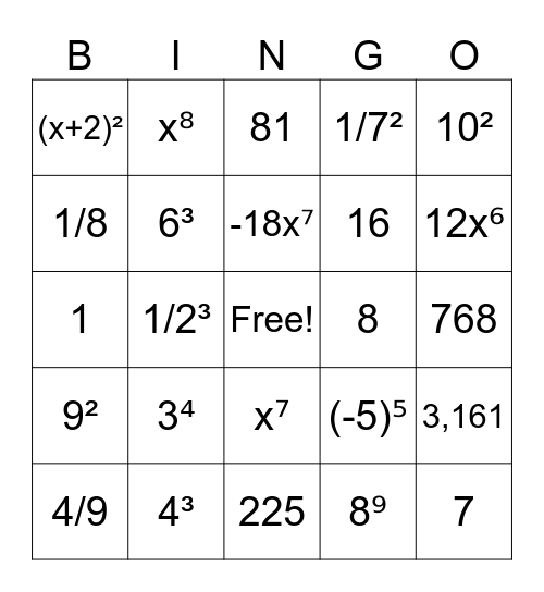 Exponent Bingo Card