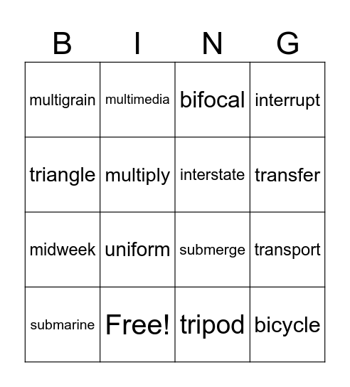 Prefixes Spelling Bingo Card